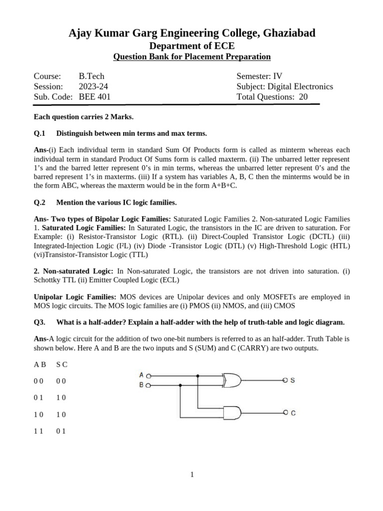 Placement Related Questions BEE401 | PDF | Logic Gate | Computer Data Storage