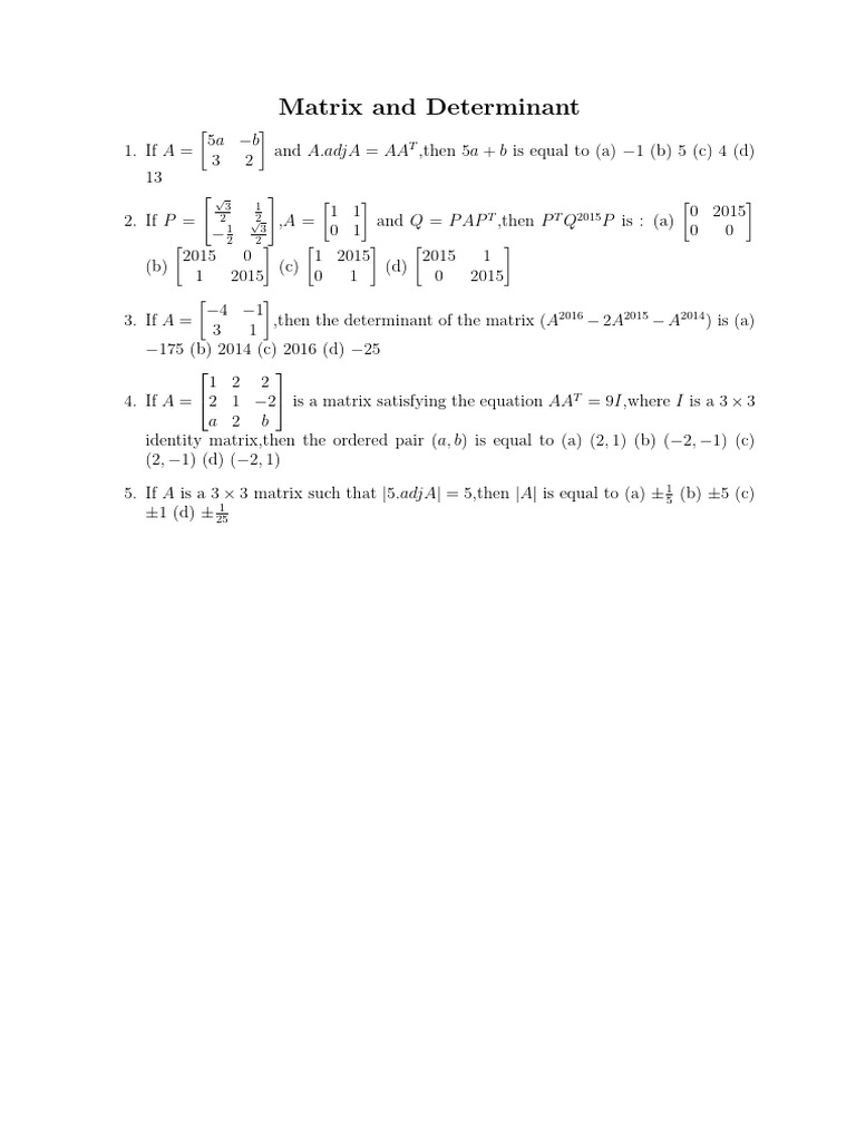 Matrix Determinants and Properties Quiz | PDF