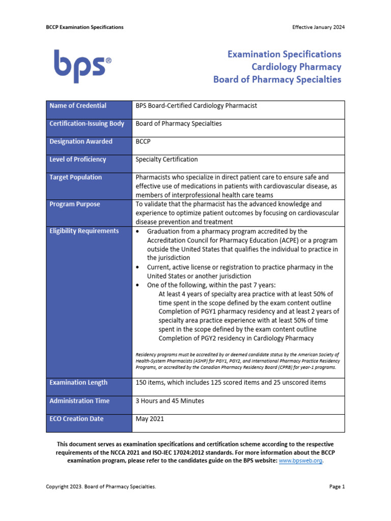 2 BCCP Examination Specifications 2024 2 | PDF | Pharmacist | Pharmacy