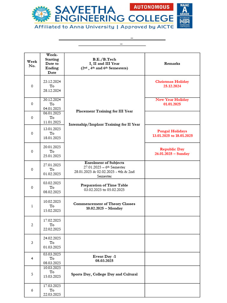 2024-2025 Even Semester Activity Calendar | PDF | Academic Term ...