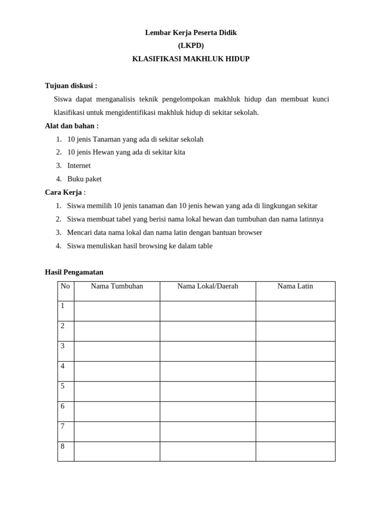 LKPD Klasifikasi Makhluk Hidup | PDF