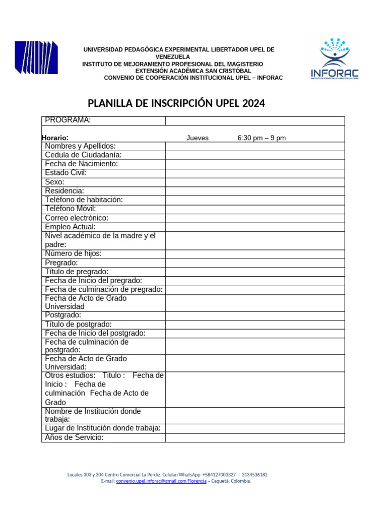 Planilla de Inscripcion | PDF