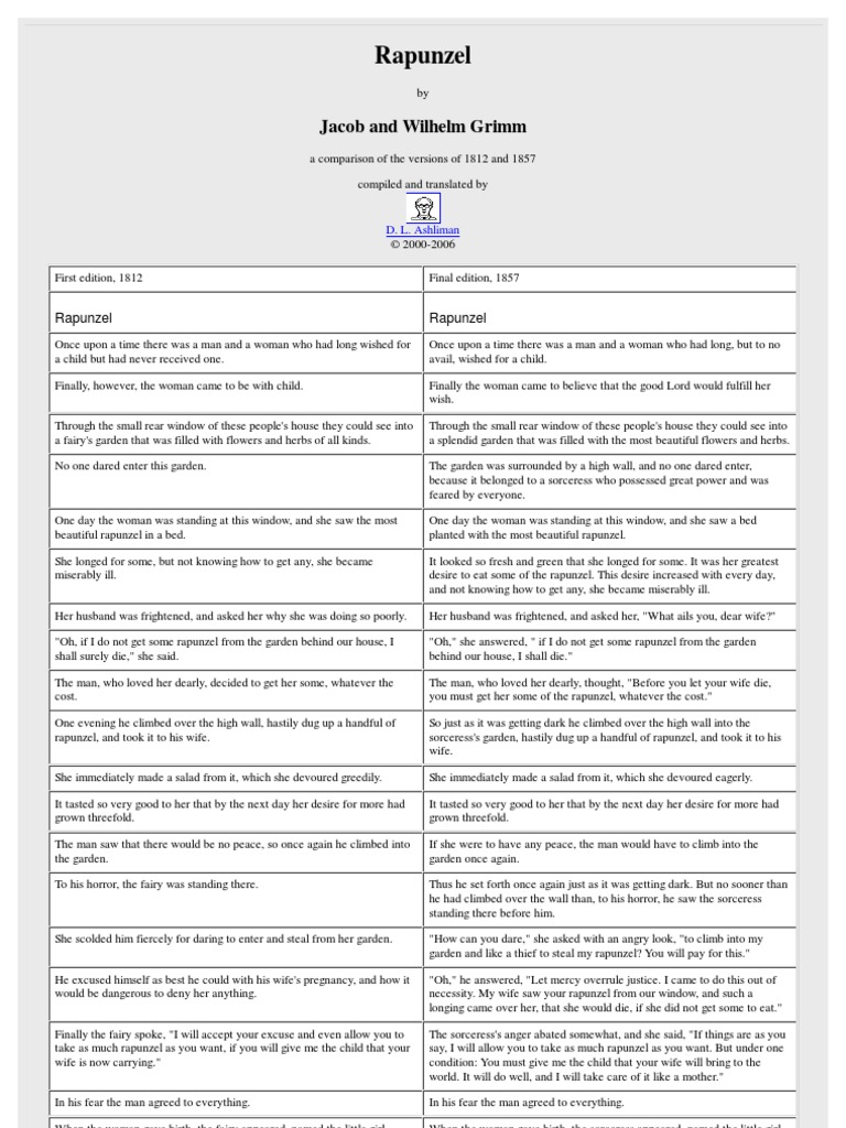 Rapunzel by The Grimm Brothers - A Comparison of The Versions of 1812 ...