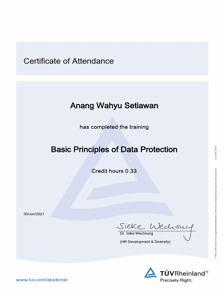 CertificateOfCompletion Basic Principles of Data Protection | PDF