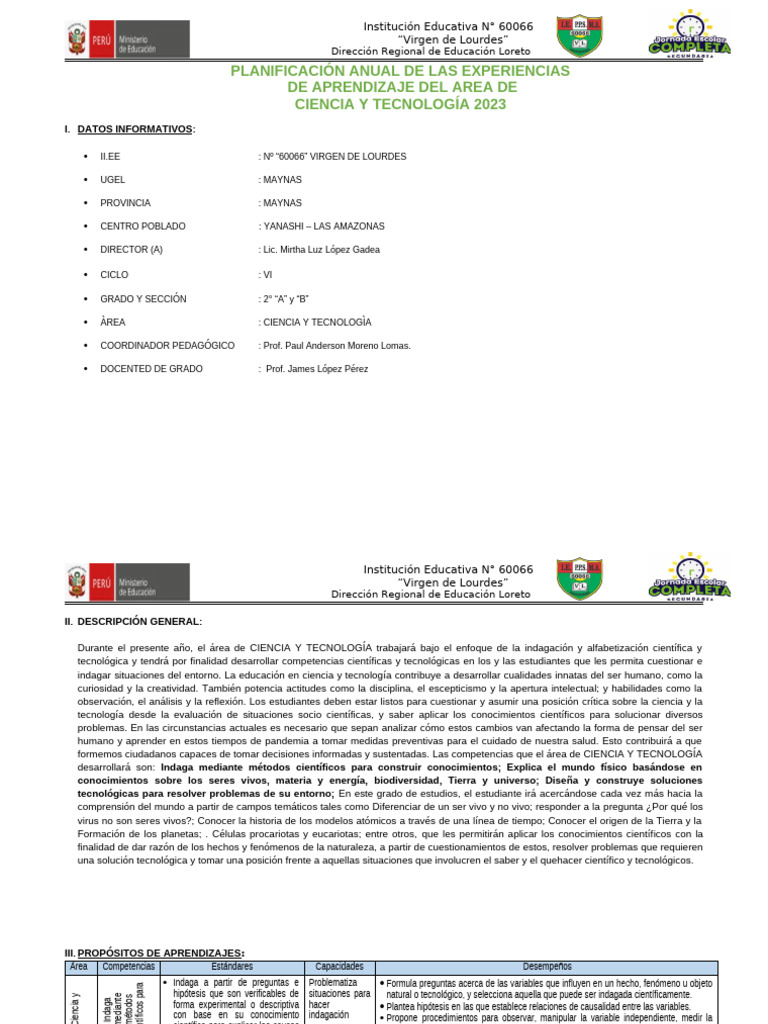 Plan Anual de CyT-2do-2023 - James | PDF | Importar | Aprendizaje