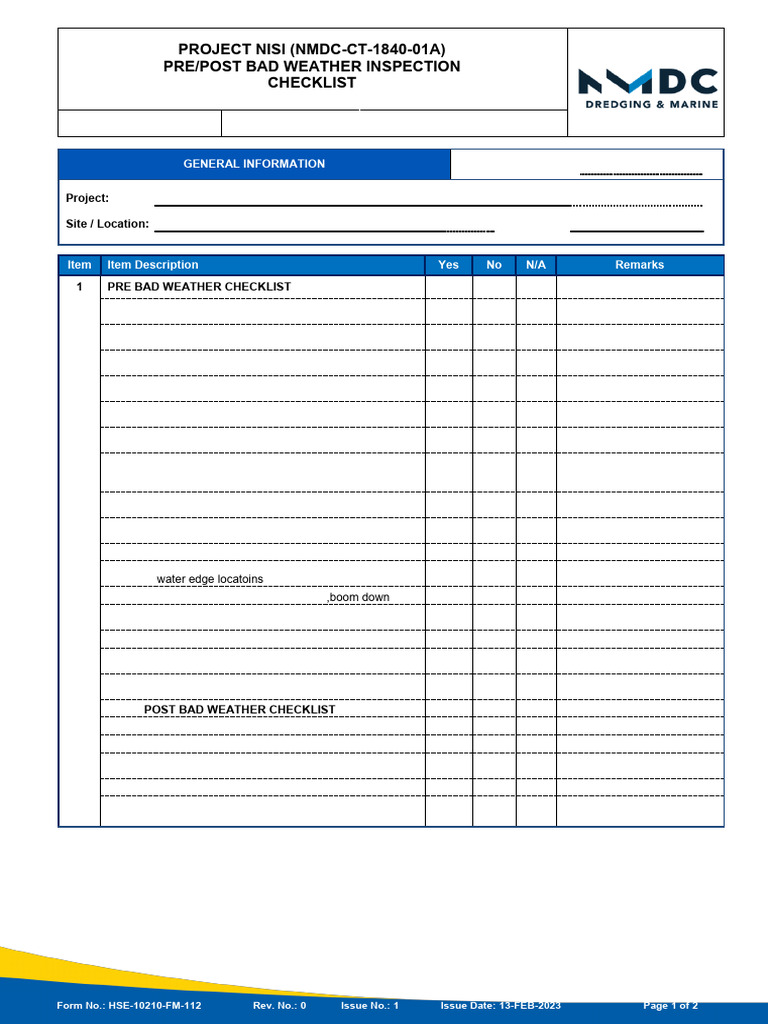 HSE 10210 FM 112 QHSE Bad Weather Inspection Checklist | PDF