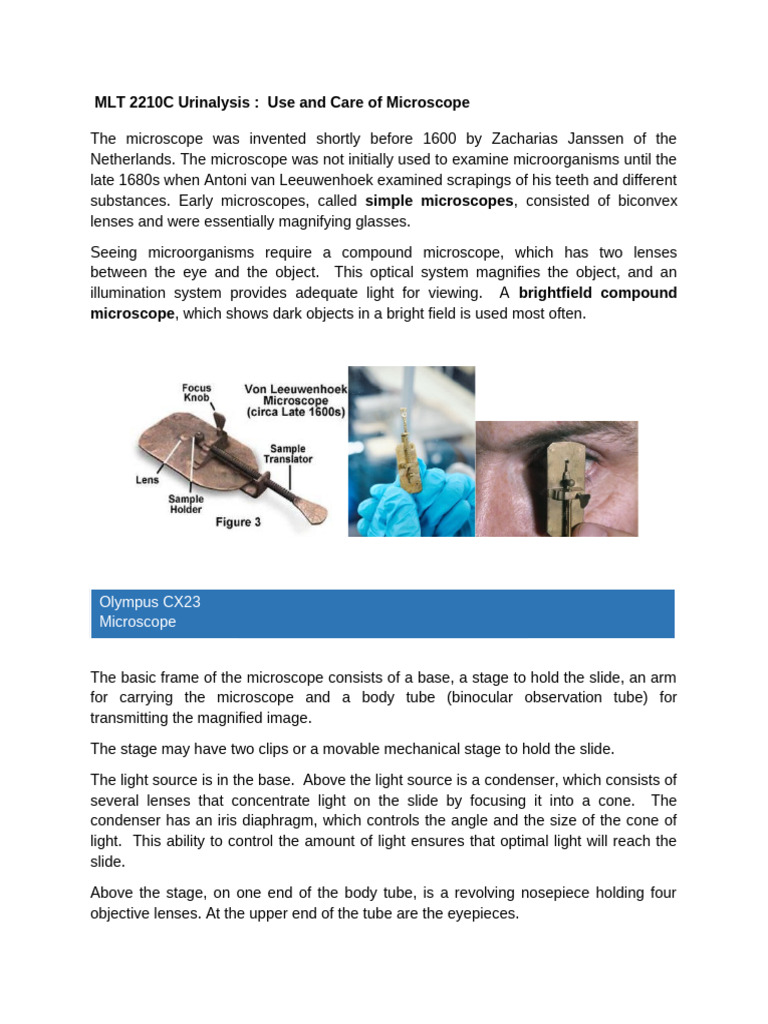 MLT 2210C Urinalysis Use and Care of Microscope | PDF | Microscope ...