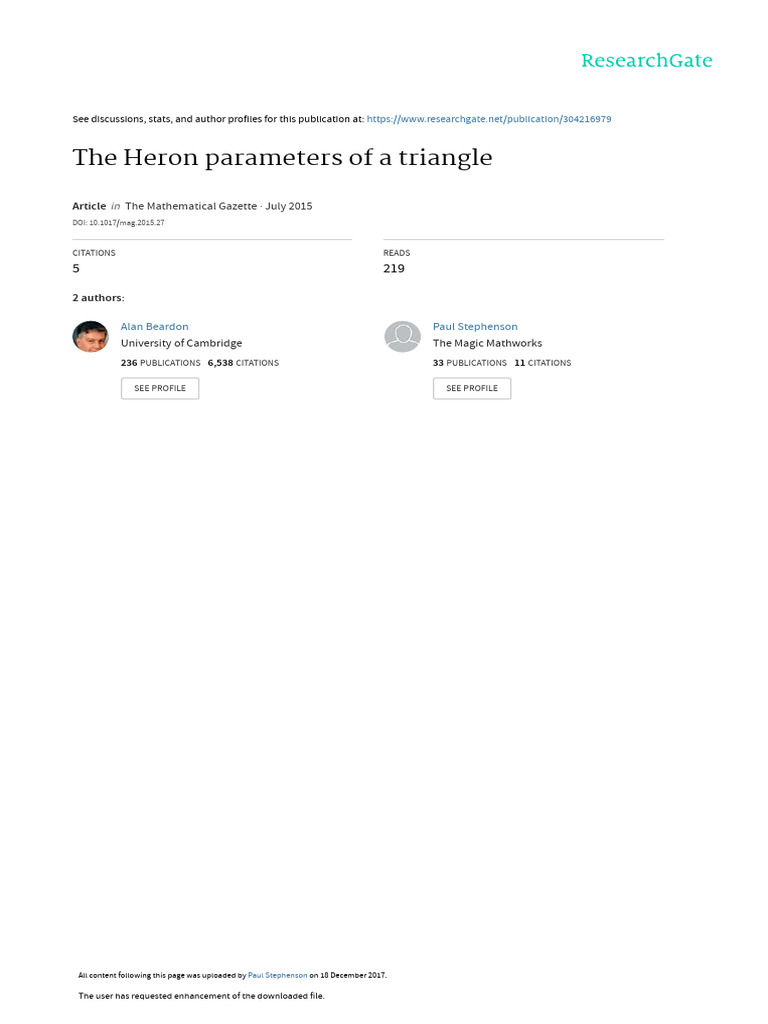 The Heron Parameters of A Triangle-1 | PDF | Mathematics | Elementary ...