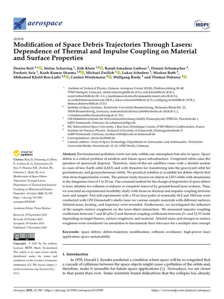 aerospace-10-00947 | PDF | Space Debris | Laser