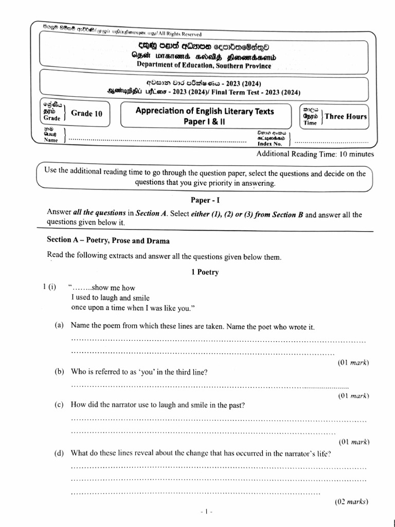 Grade 10 English Literature Test 2023 | PDF | Poetry