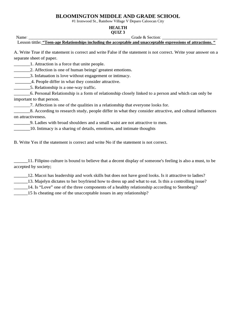 Health Quiz on Teen Relationships | PDF