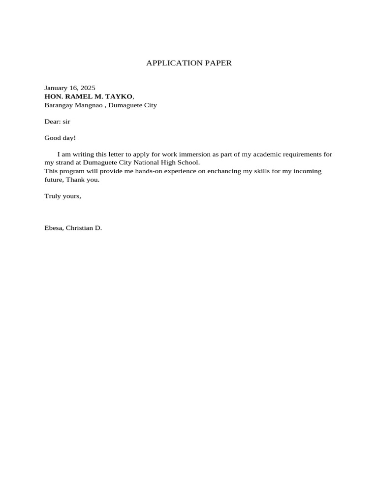 Student Work Immersion Application | PDF