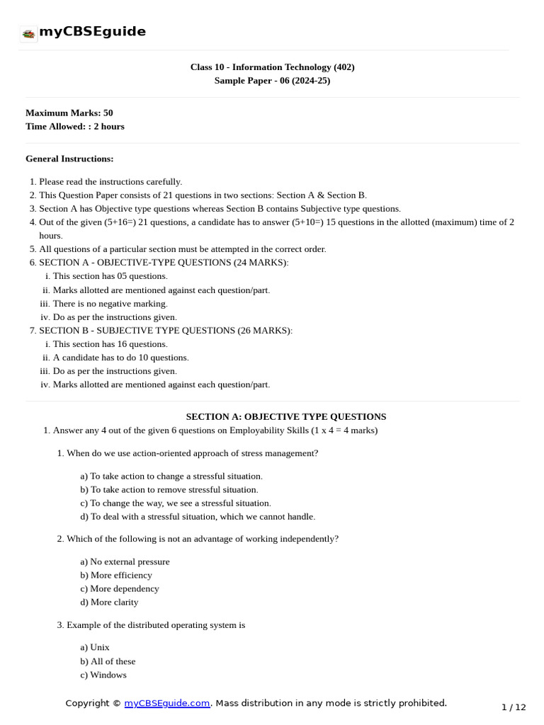 Mycbseguide: Class 10 - Information Technology (402) Sample Paper - 06 ...