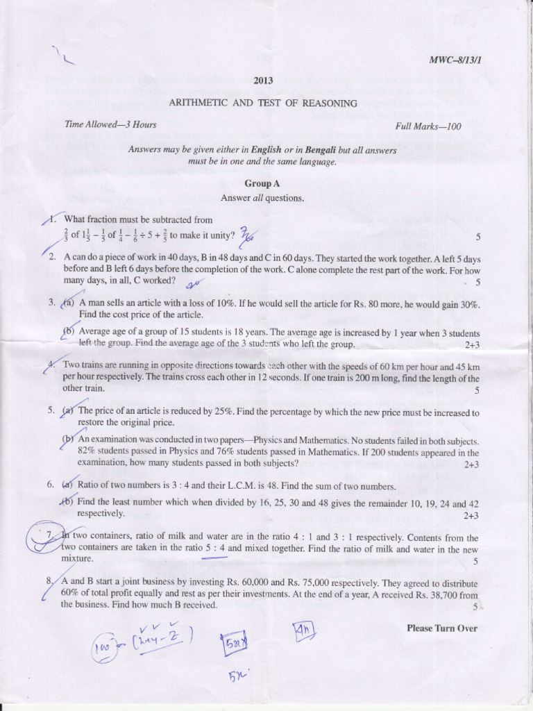 Wbcs - 2013 Arithmetic & Test of Reasoning | PDF | Division ...