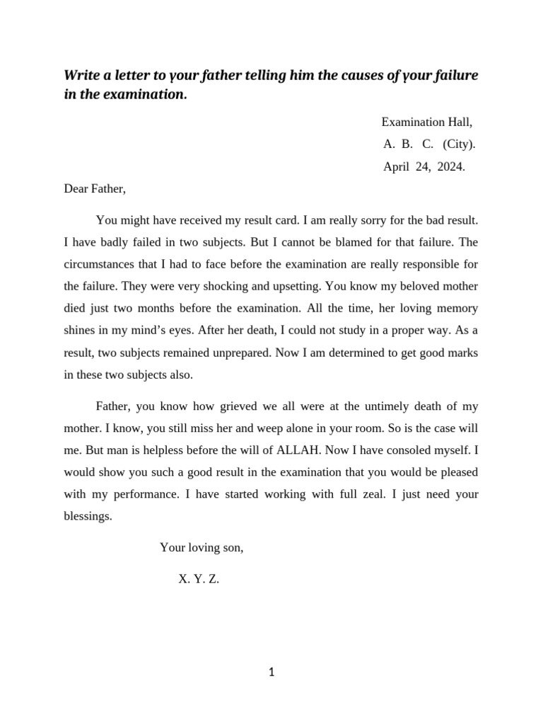 Write A Letter To Your Father Telling Him The Causes of Your Failure in ...