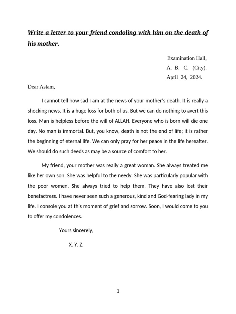 Write A Letter To Your Friend Condoling With Him On The Death of His ...