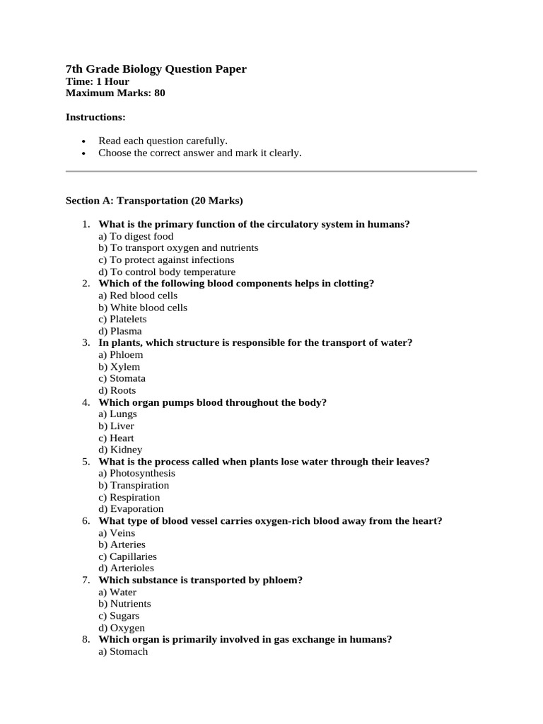 7th Grade Biology Question Paper | PDF | Forests | Blood