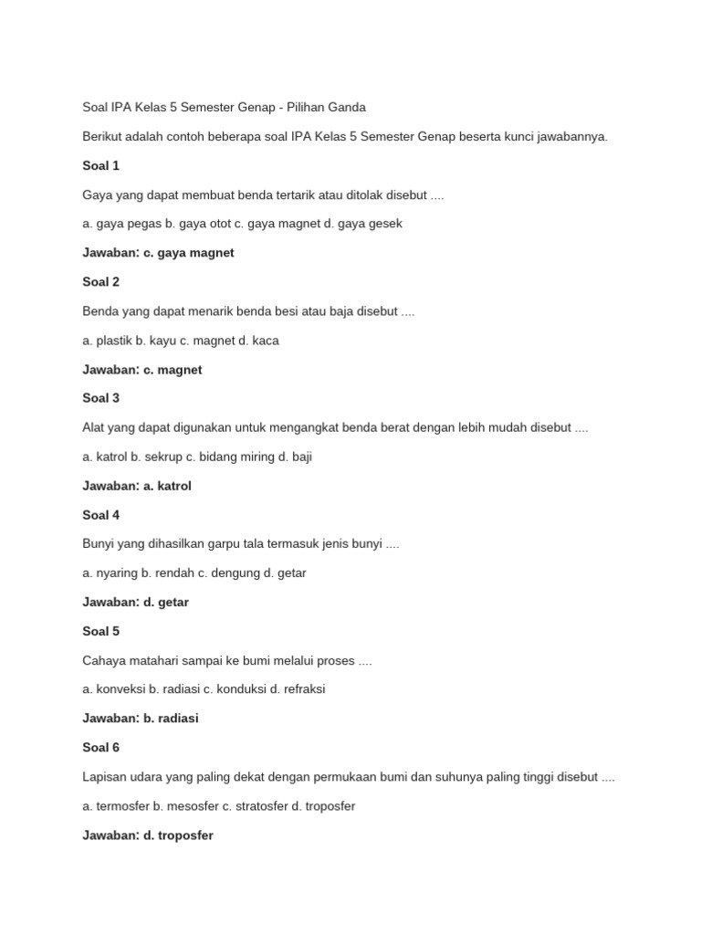 Soal Ujian Ipa Kelas 5 Semester Genap Pilihan Ber... | PDF