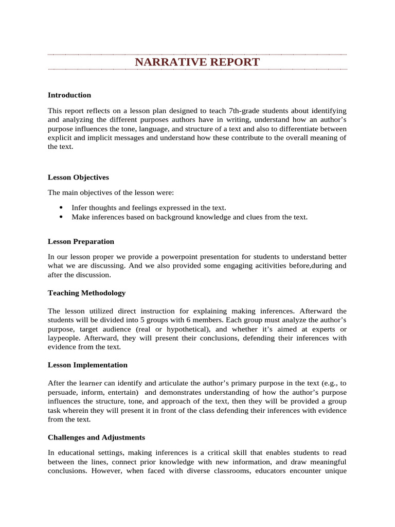 Narrative Report of Lesson Plan in Macro 1 | PDF | Critical Thinking ...