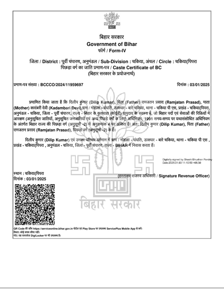 Caste Certificate | PDF