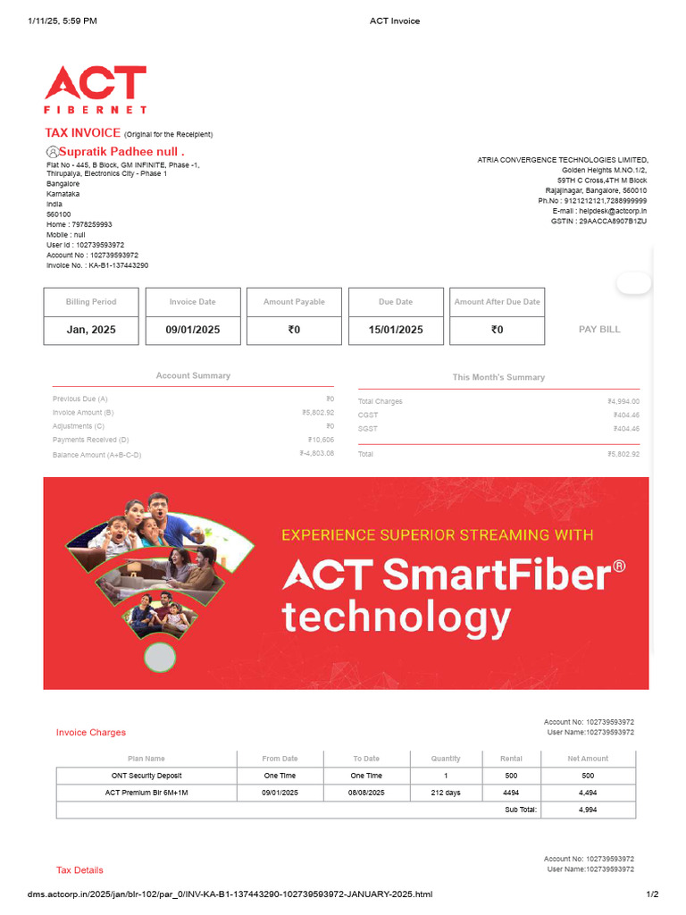 Bill Purchase ACT INTERNET JAN JULY INTERNET BILL Compressed | PDF | Invoice | Taxes