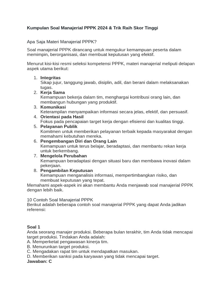 Soal Manajerial PPPK 2024 dan Trik Skor Tinggi | PDF
