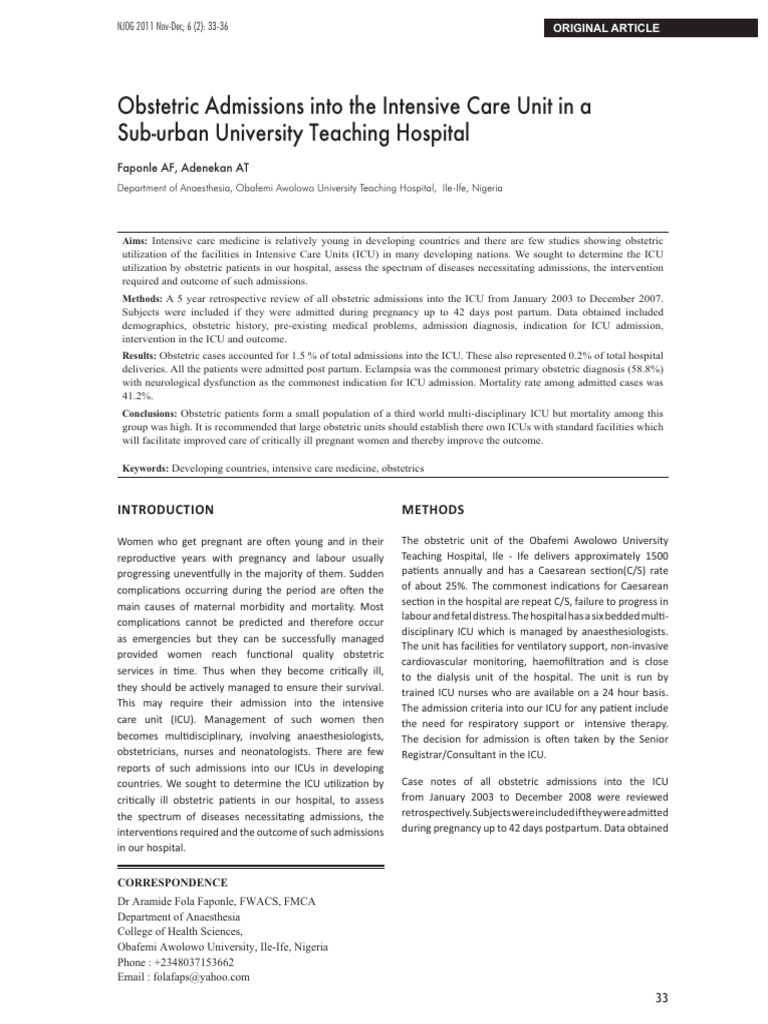 Obstetric Admissions Into The Intensive Care Unit in A Sub-Urban ...