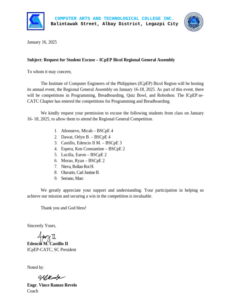 Student Excuse Request for ICpEP Assembly | PDF