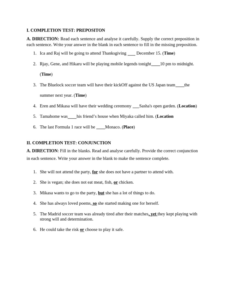 Preposition and Conjunction Completion Test | PDF