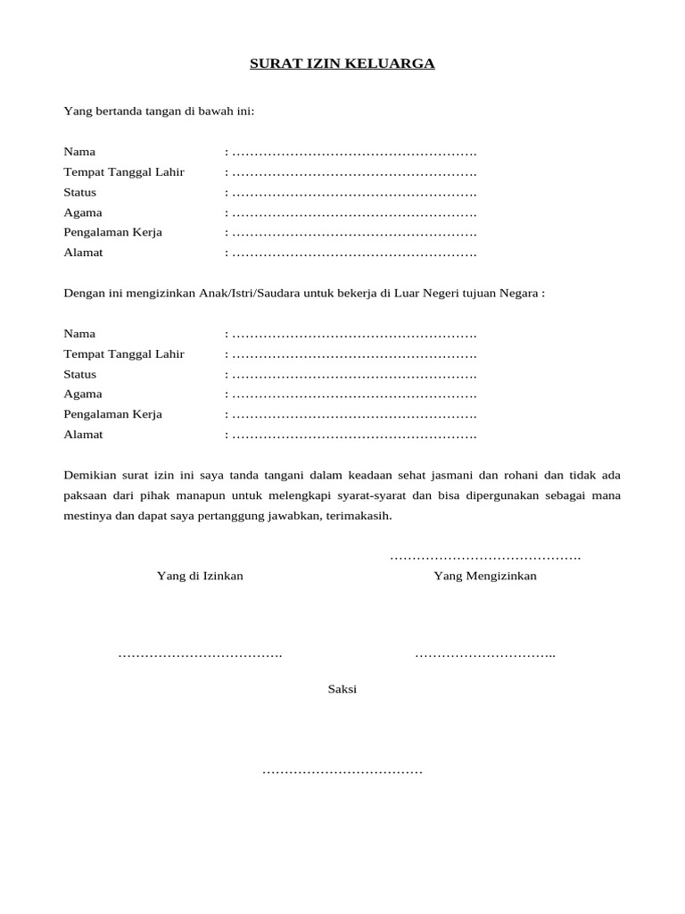 Contoh Surat Izin Keluarga | PDF