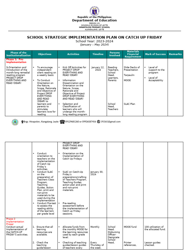Hinapolon - PS - Implementation Plan For Catch-Up Fridays | PDF ...