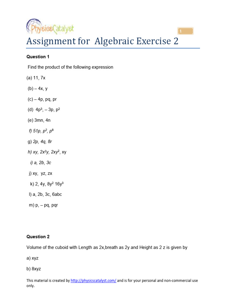 assignments_class8_algebraic_2 | PDF