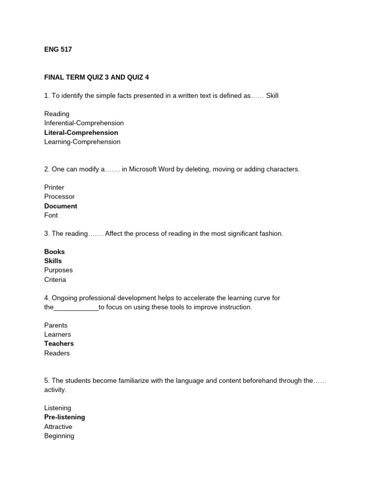 Eng 517 Final Term | PDF | Reading Comprehension | Learning