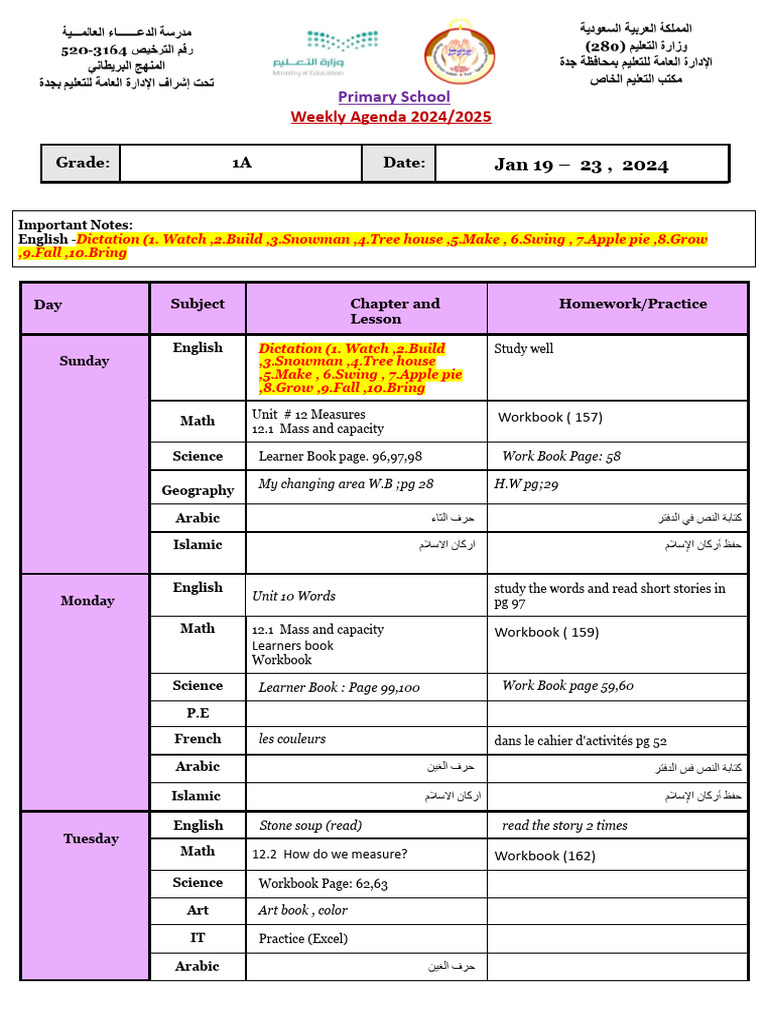 Weekly Agenda Grade 1A, 19 To 23 Jan 2024 | PDF