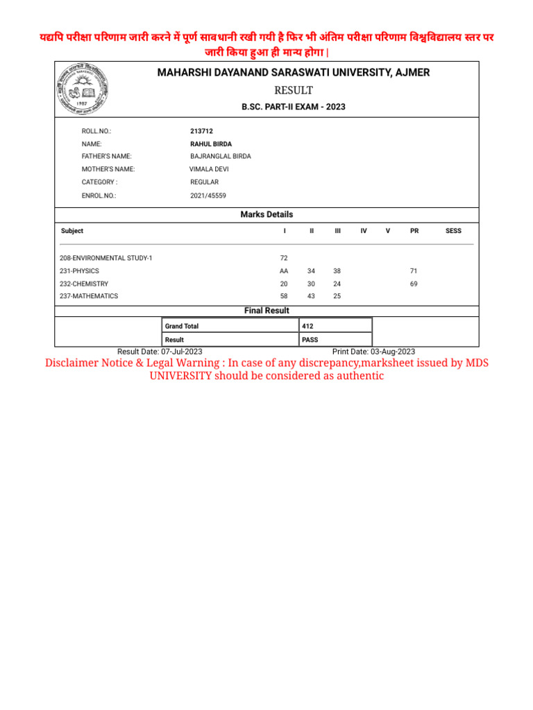 Maharshi Dayanand Saraswati University, Ajmer Admit Card | PDF