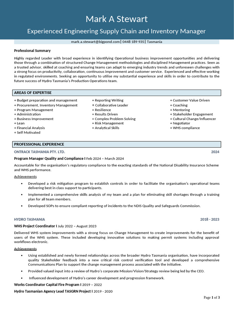 Mark Stewart Resume Jun 2024 | PDF | Regulatory Compliance | Inventory