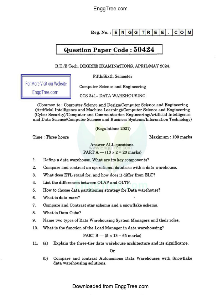 CCS341 Data Warehousing Apr May 2024 Question Paper Download | PDF