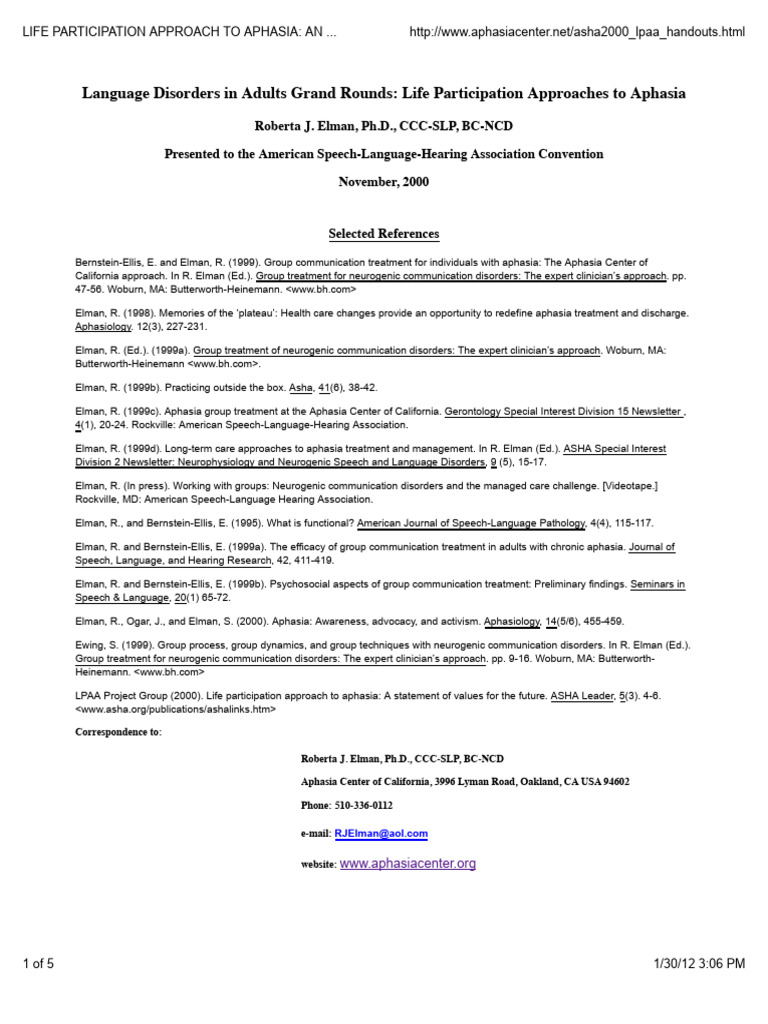 Life Participation Approach To Aphasia | PDF | Aphasia | Neuroscience