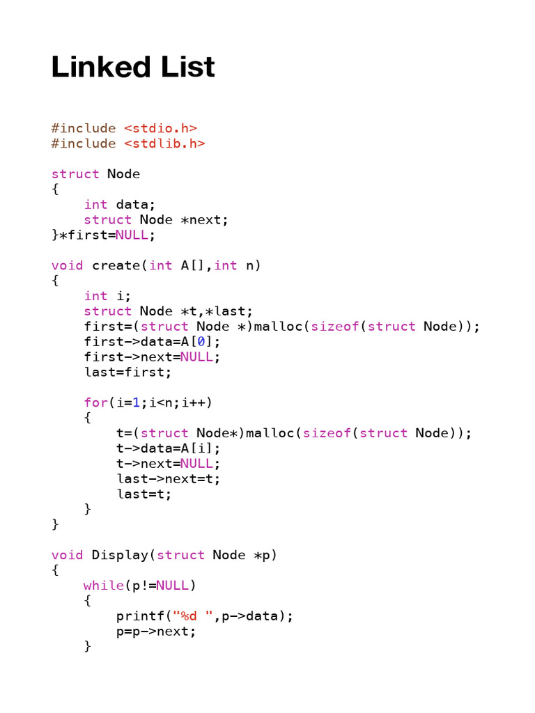 Linked List Operations in C | PDF