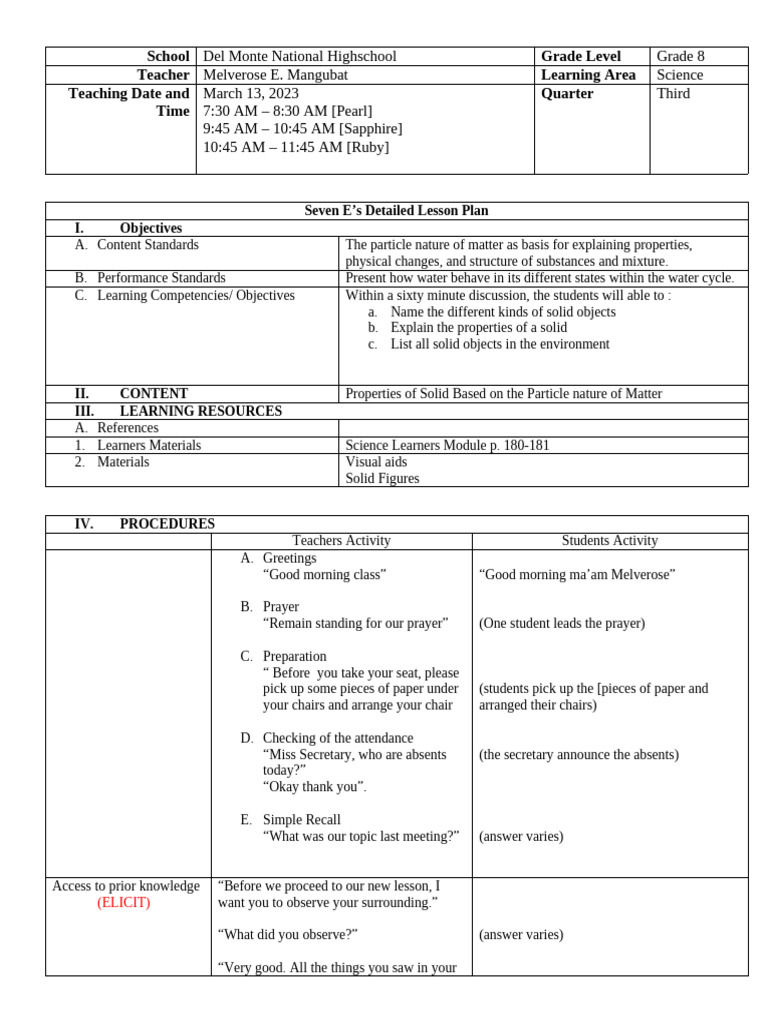 Solids Lesson Plan Grade 8 | PDF | Liquids | Lesson Plan