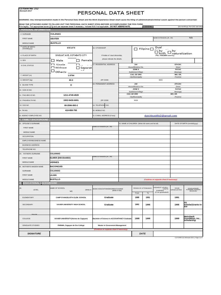 Copy of 032117 CS Form No. 212 Revised Personal Data Sheet_Recent | PDF