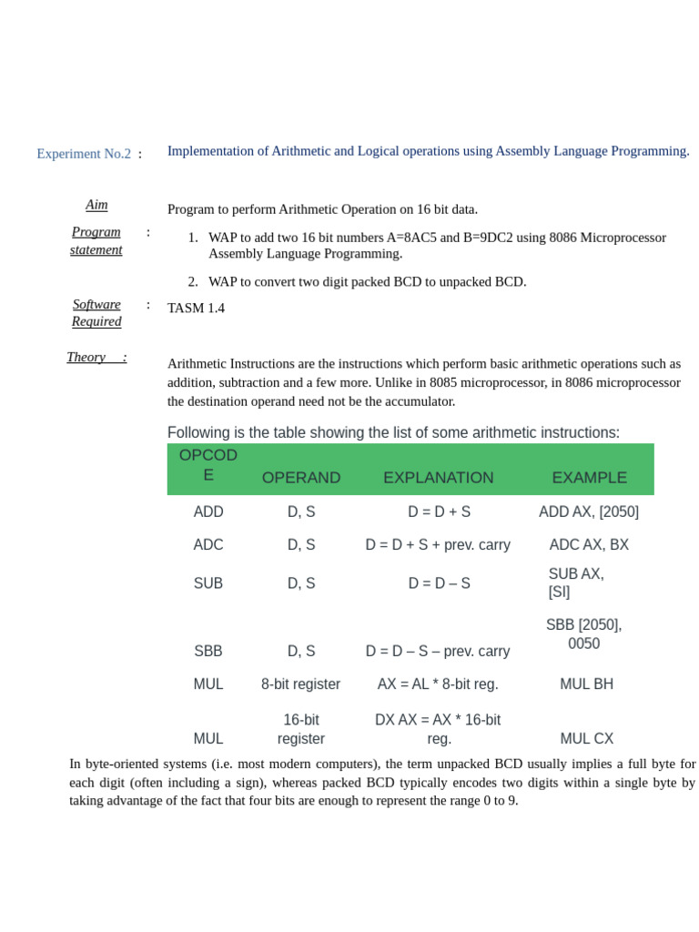 Edited - Experiment 02 | PDF | Binary Coded Decimal | Assembly Language