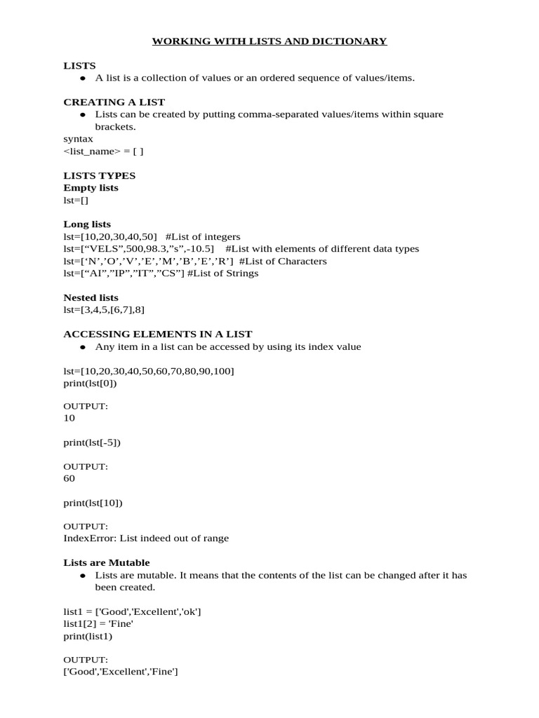Working with Lists and Dictionaries | PDF | Bracket | Computing