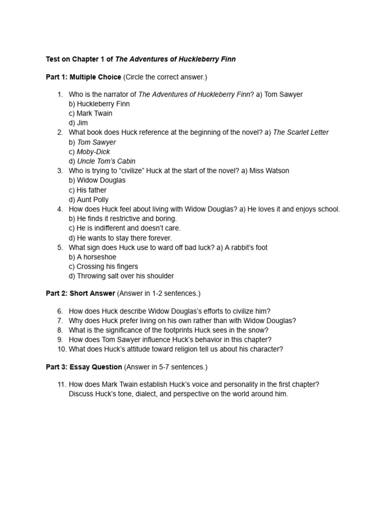 Chapter 1 Test Huckleberry Finn | PDF