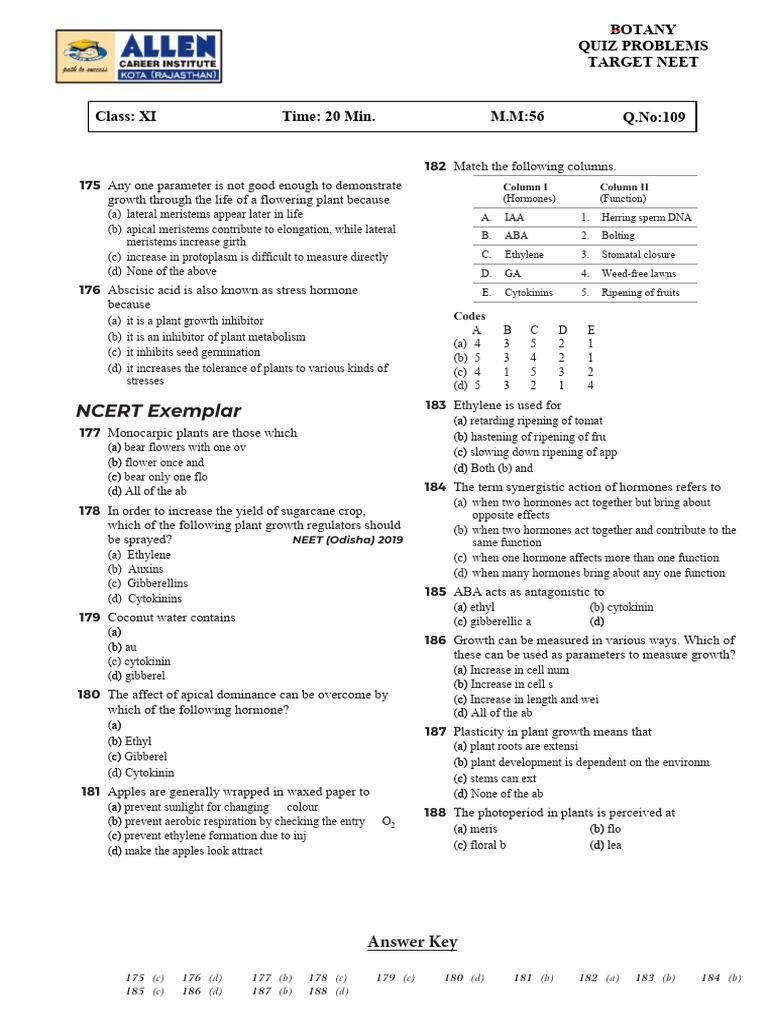 Quiz 109 - Plant Growth and Development 9 | PDF | Plant Hormone | Botany