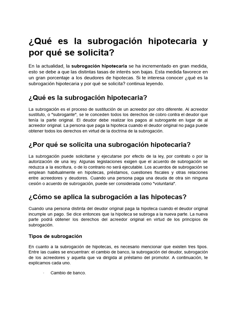 ¿Qué Es La Subrogación Hipotecaria y Por Qué Se Solicita | PDF | Subrogación | Hipotecas
