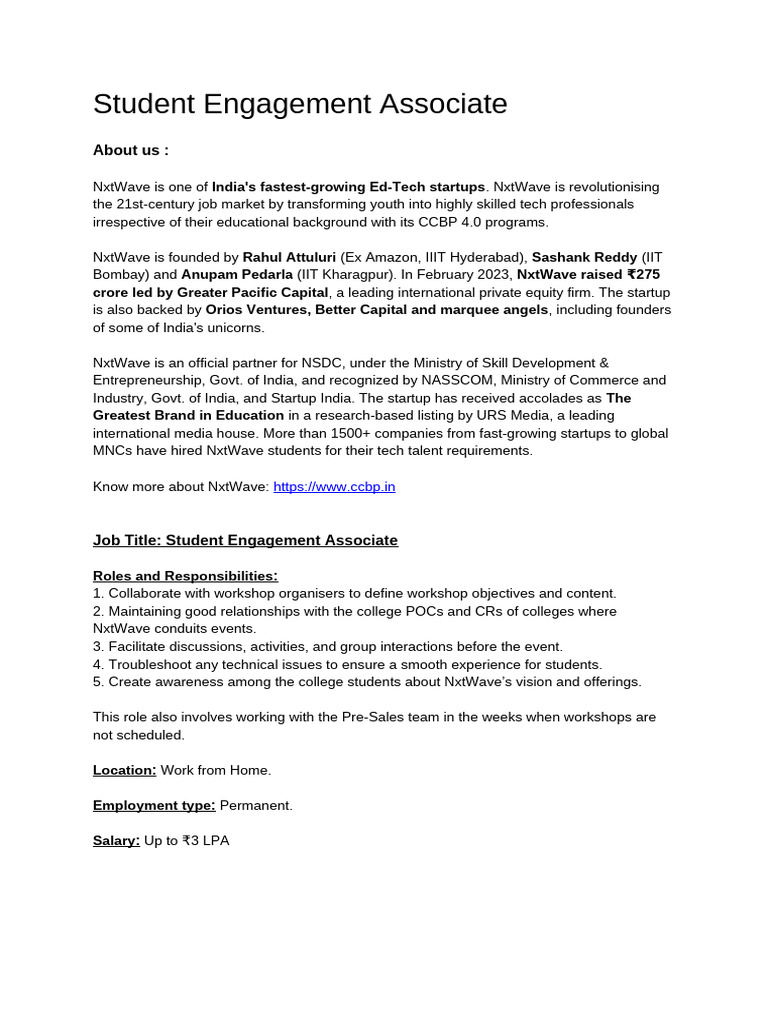 Job Description - Student Engagement Associate | PDF | Startup Company ...
