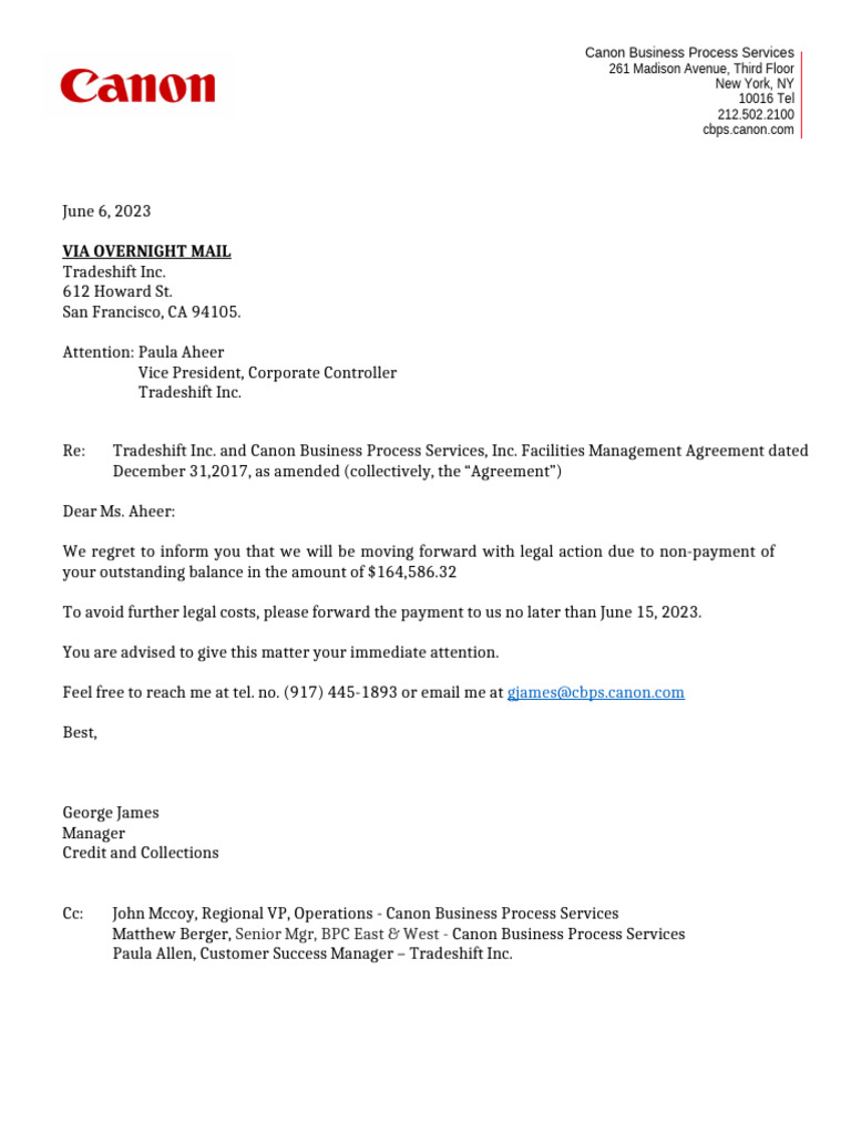 Canon Legal Action Notice to Tradeshift | PDF