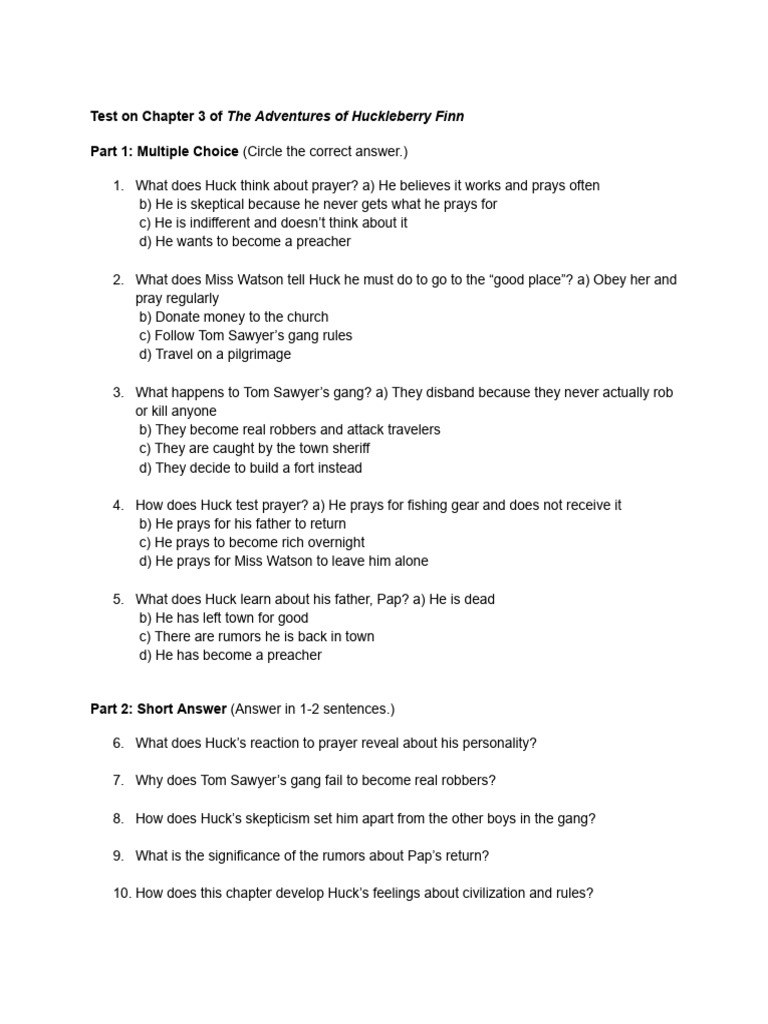 Chapter 3 Huckleberry Finn Test | PDF