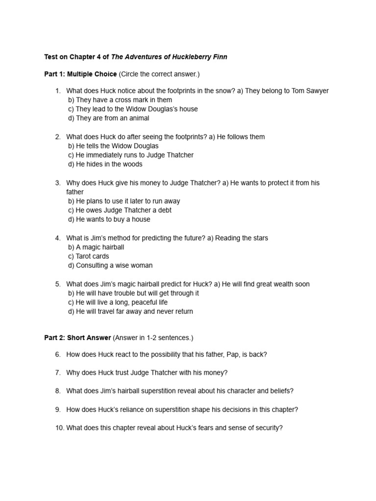 Chapter 4 Huckleberry Finn Test | PDF